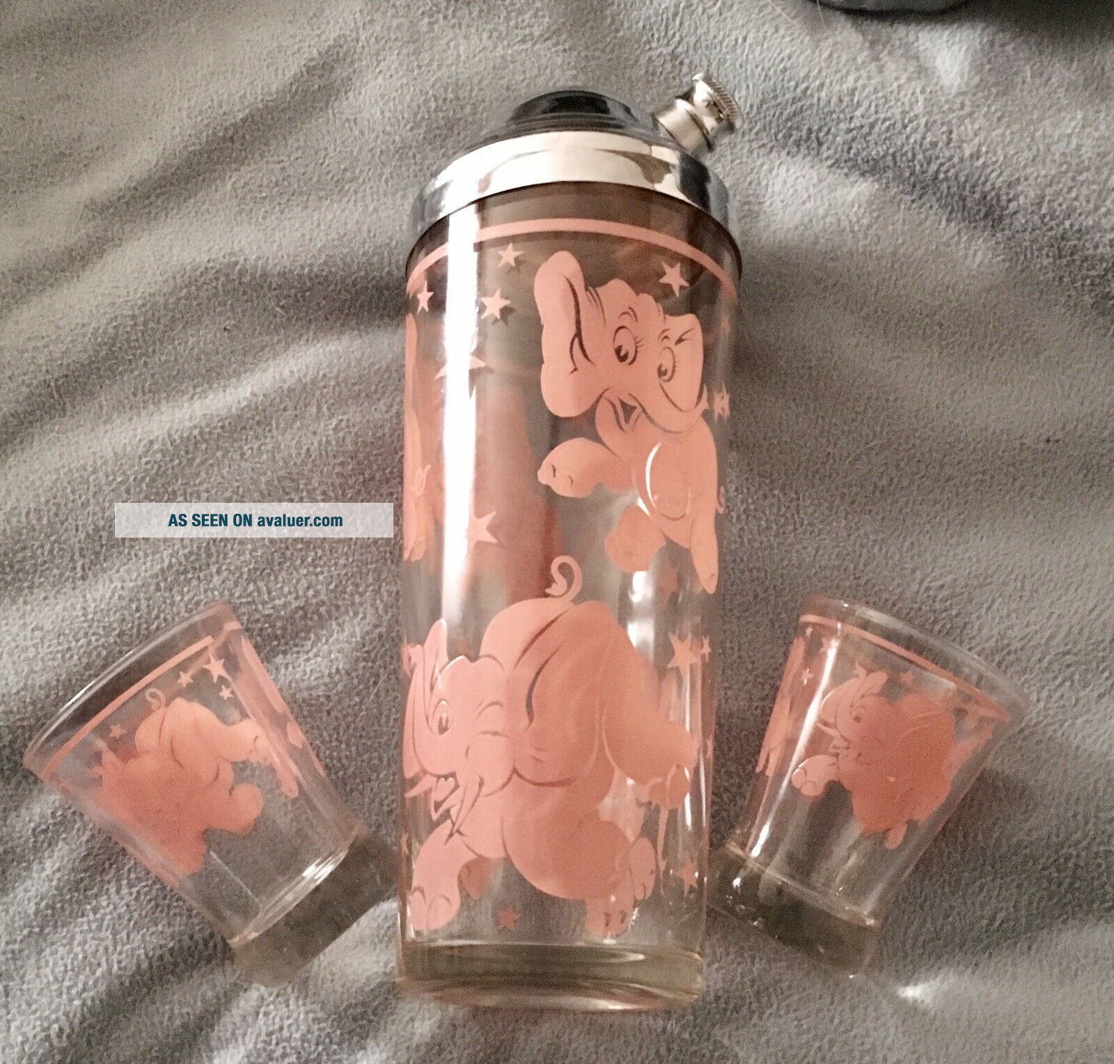 Vintage Pink Elephant Cocktail Shaker And Glasses | #1276416