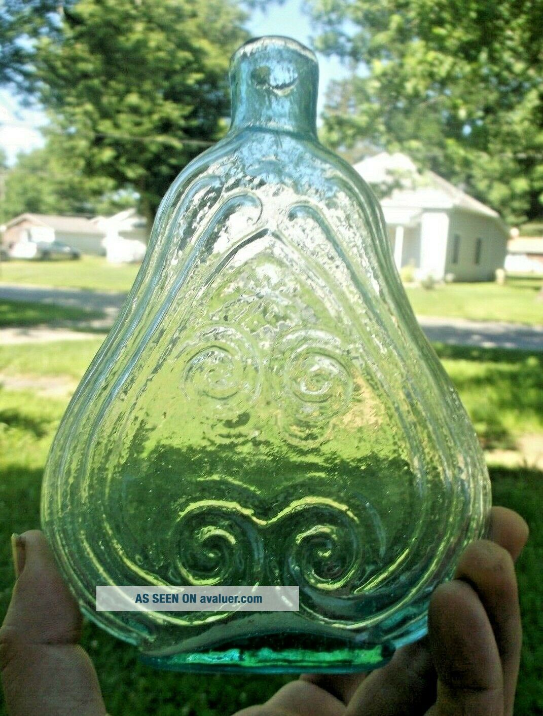 AQUA PINT SCROLL FLASK OPEN PONTIL SHEARED LIP 1850 ' S ERA SHINY L@@K ...