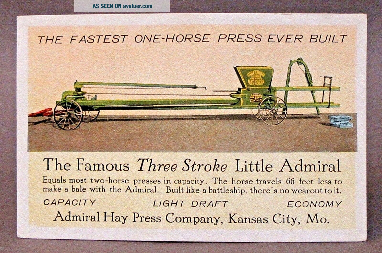 Rare THREE STROKE LITTLE ADMIRAL Hay Press Farm Equipment Advertising ...