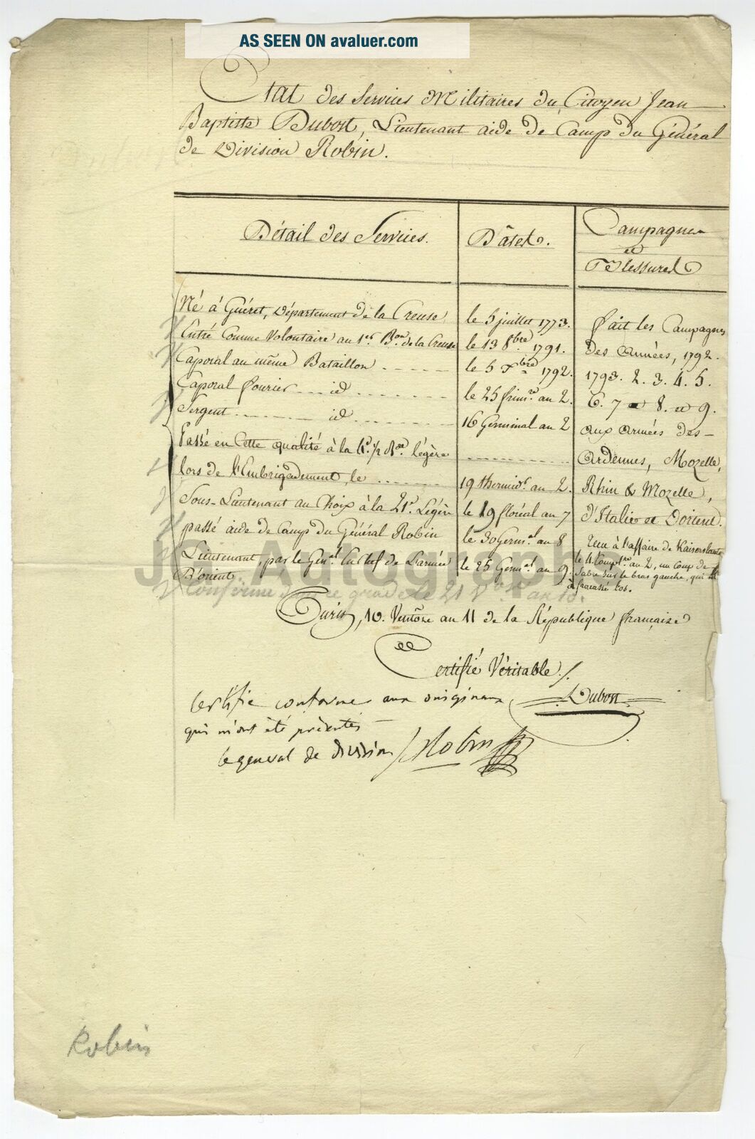 18th Century French Military Signed Manuscript Document - Circa Mid ...