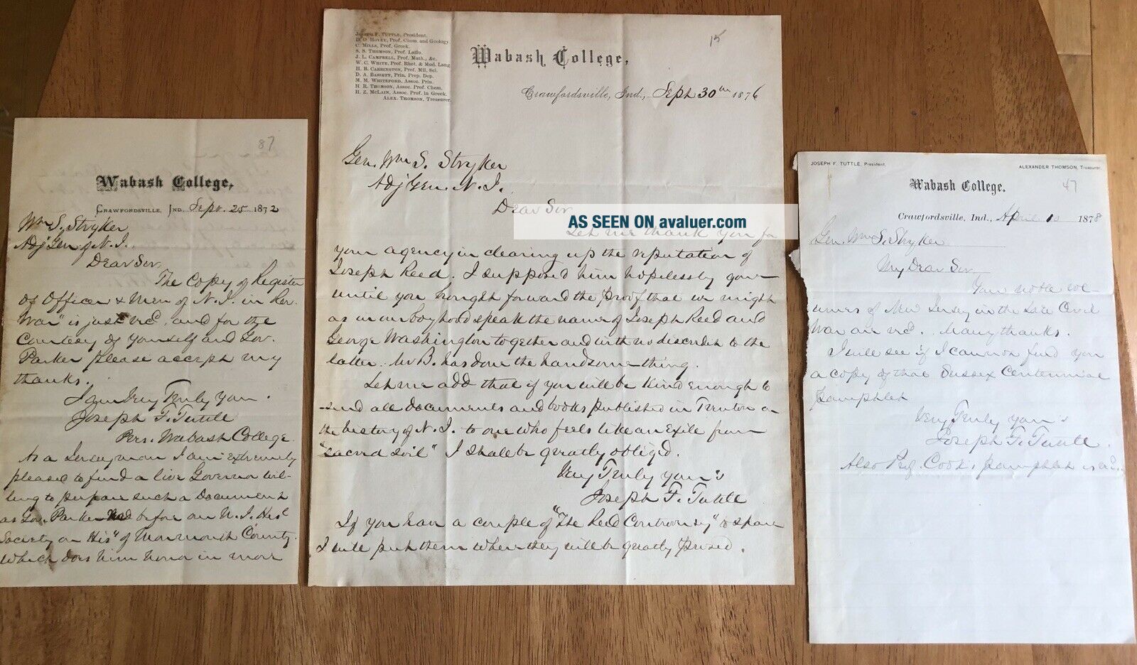 19th Century President Of Wabash College Joseph F. Tuttle 3 Autograph ...