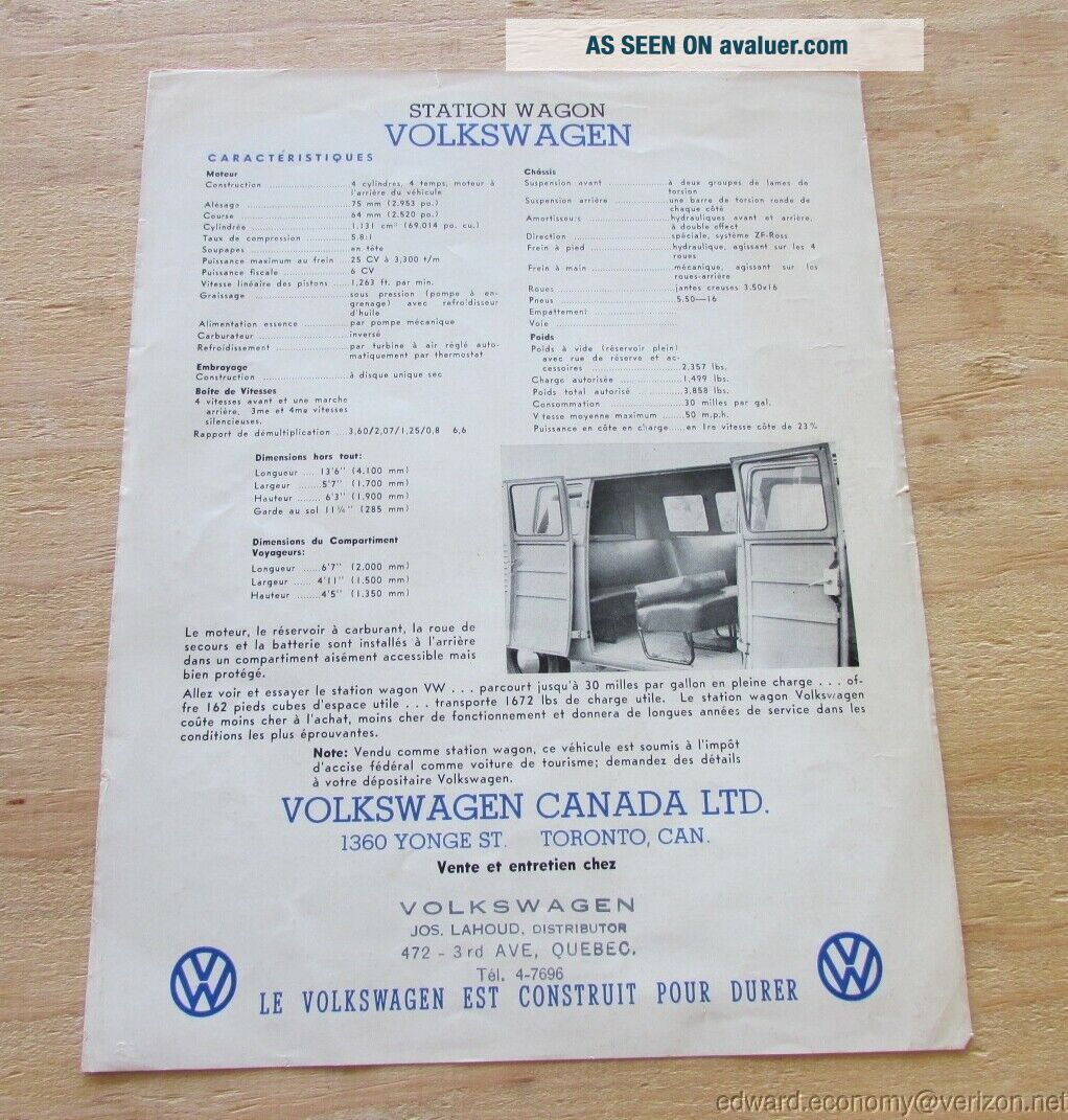 1952 Barndoor Vintage VW Volkswagen Canada LTD Van Bus Dealer Brochure ...