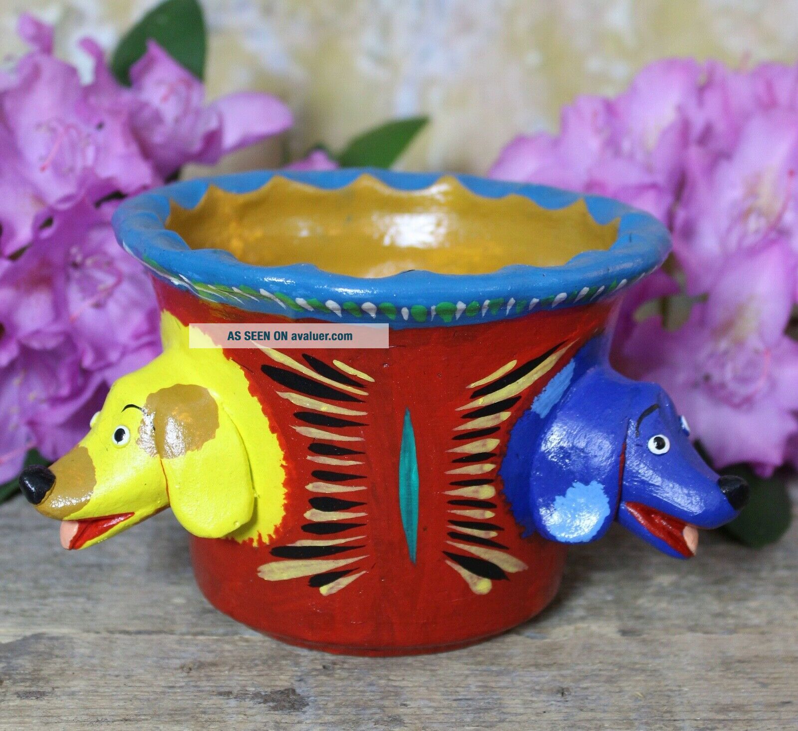 Flower Pot With 3 Dog Heads Clay Handmade Mexican Folk Art Ortega Barro ...