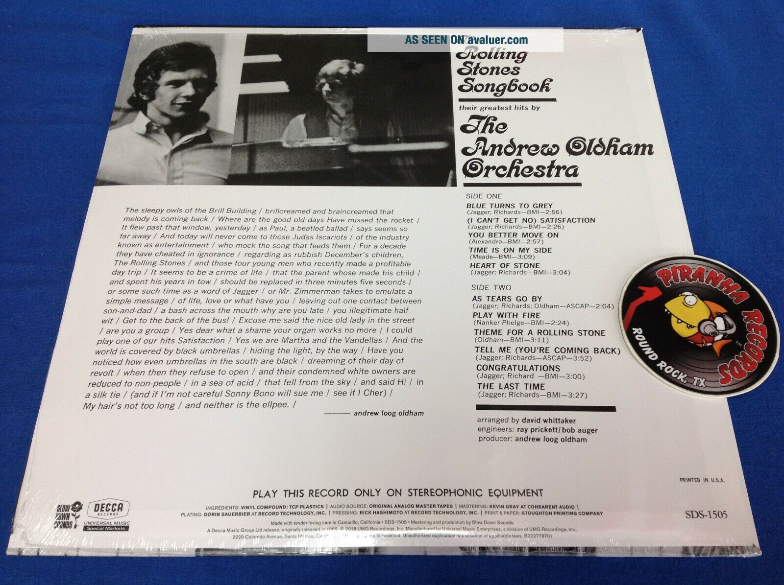 Andrew Oldham Orch Rolling Stones Songbook Vinyl LP RSD 2019 Piranha ...