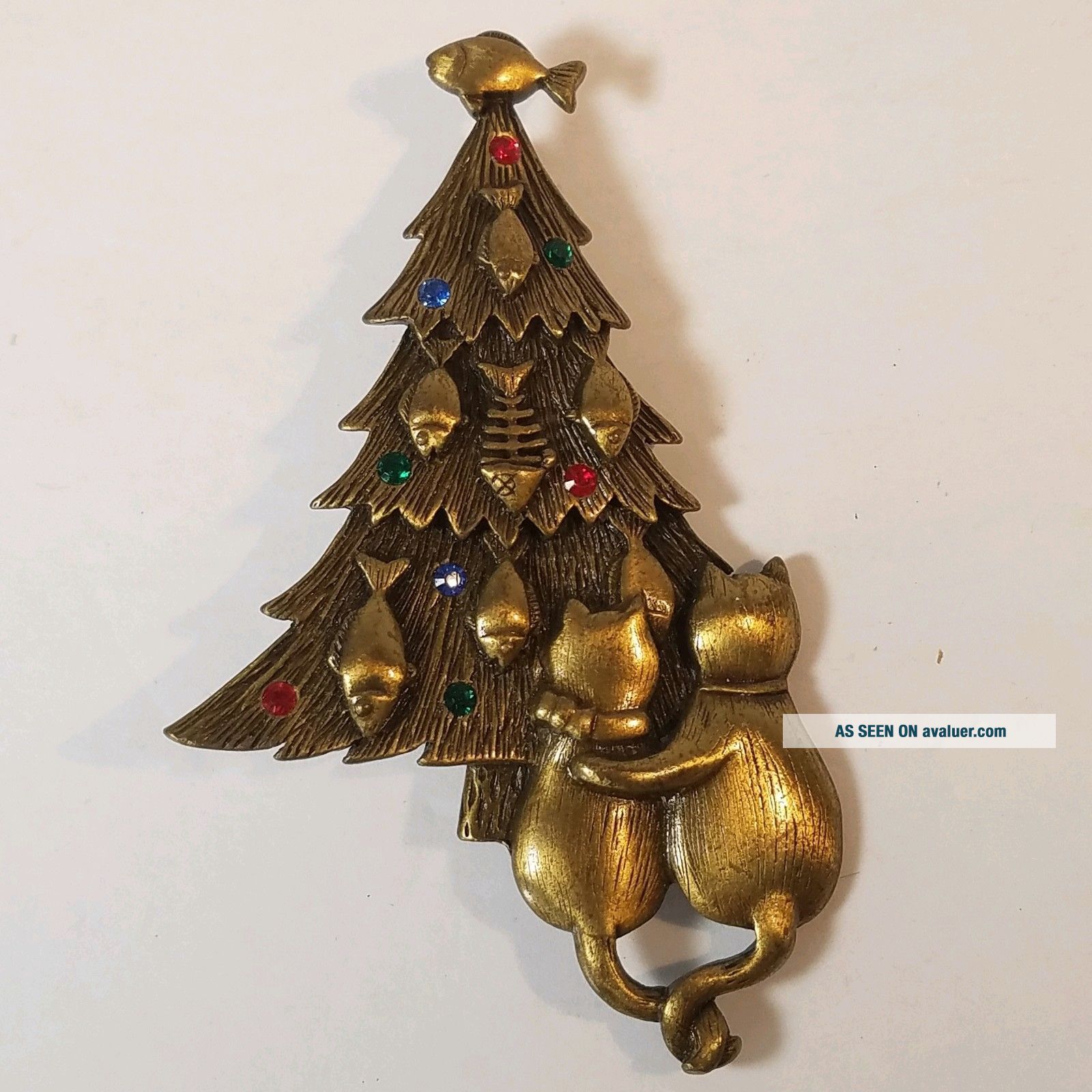 Vintage JJ Signed Gold Tone 2 Cats Sitting By Fish Christmas Tree ...