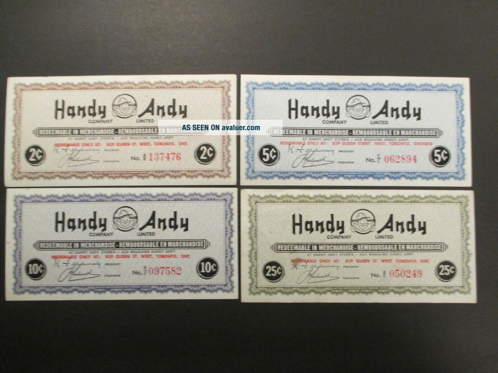 Four Canadian Tire Money Style Handy Andy Gas Station Auto Centre Bills ...