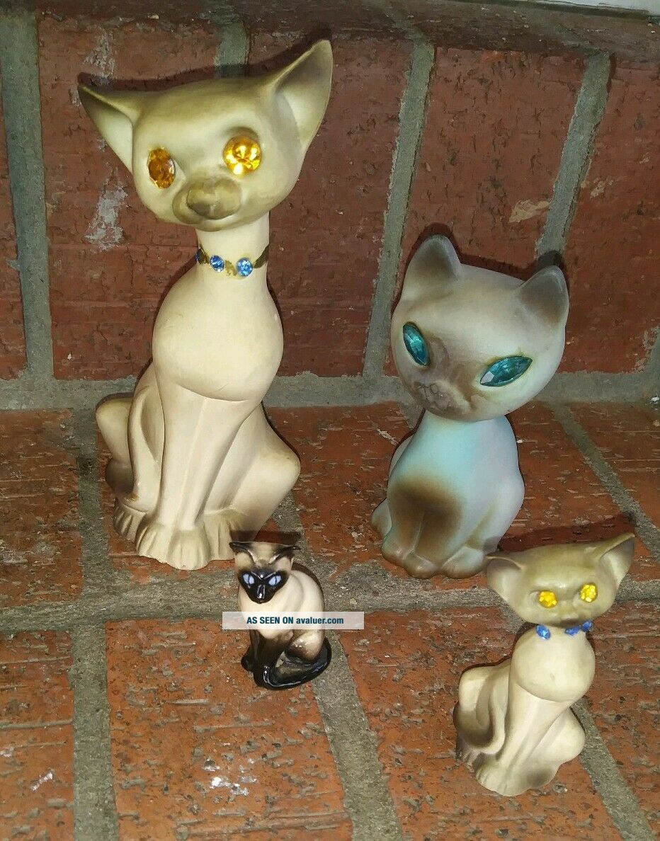 4 Vintage Bisque Siamese Cat Kitten Figurine Statue Jeweled Eyes/Collar ...