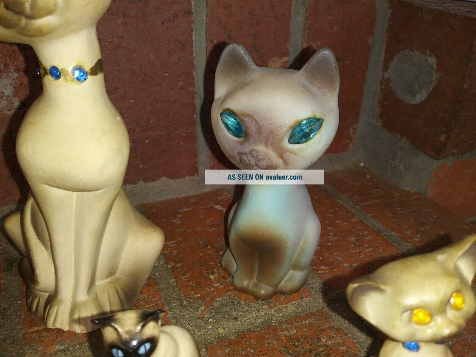4 Vintage Bisque Siamese Cat Kitten Figurine Statue Jeweled Eyes/Collar ...