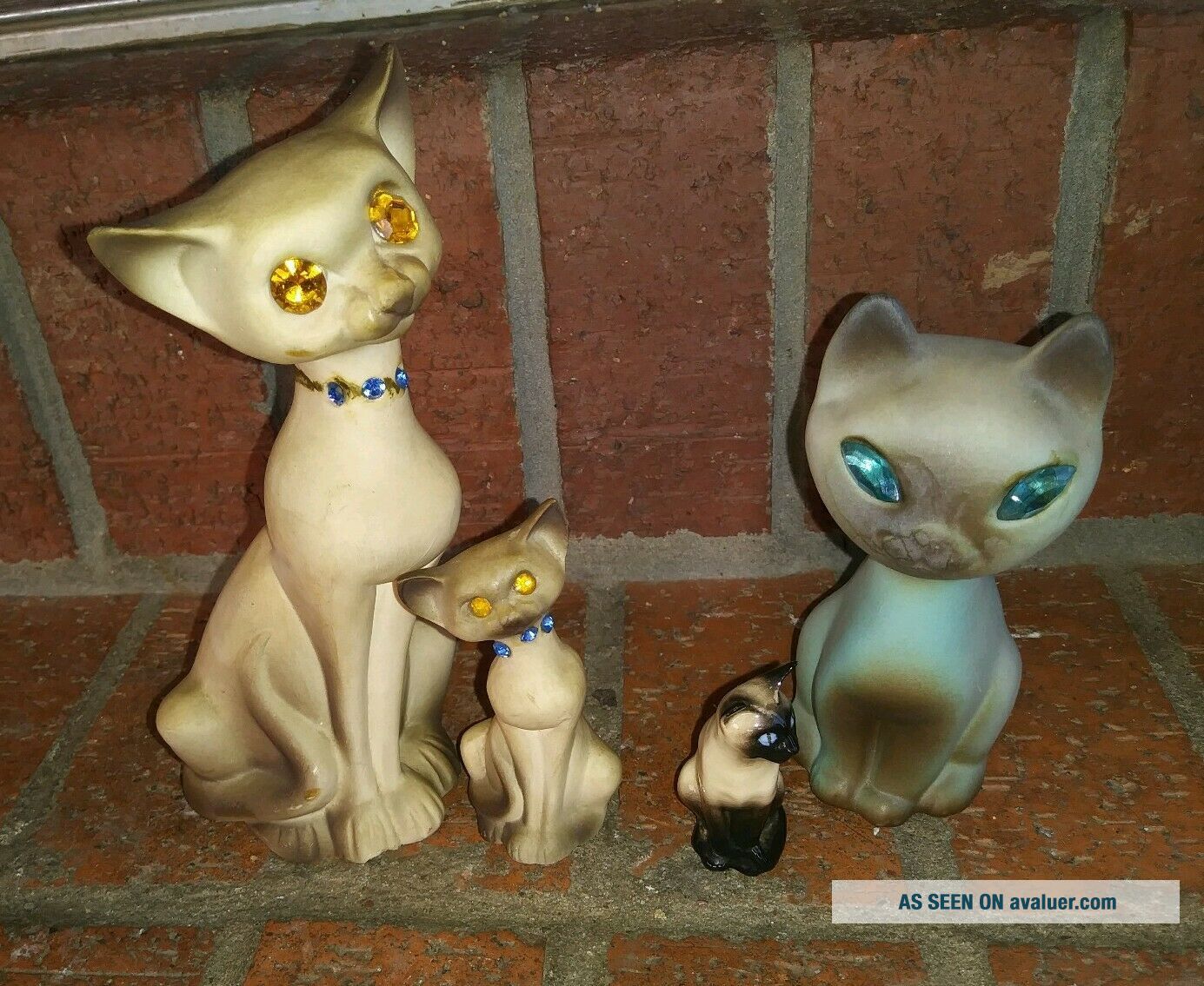 4 Vintage Bisque Siamese Cat Kitten Figurine Statue Jeweled Eyes/Collar ...