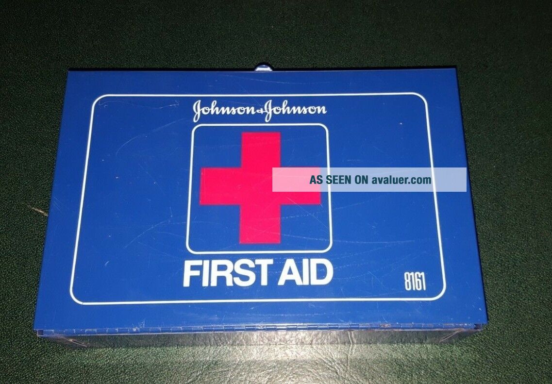 Vintage Mountable Johnson & Johnson First Aid Kit Blue Metal Box 8161 ...
