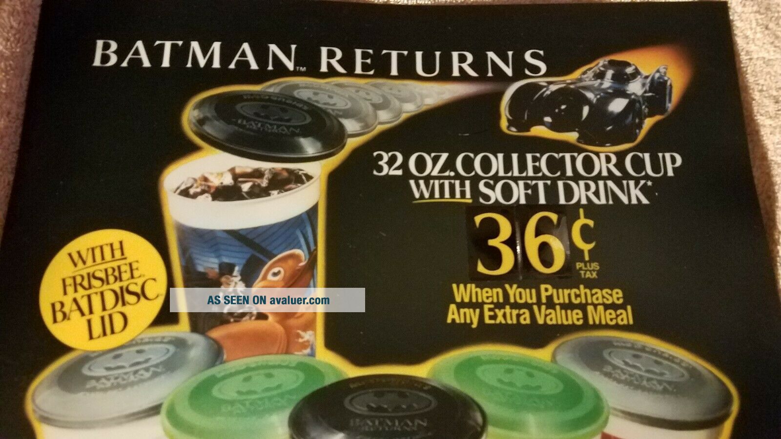 1992 McDonalds Batman Returns 32oz Collectors Cup Store Display Sign ...