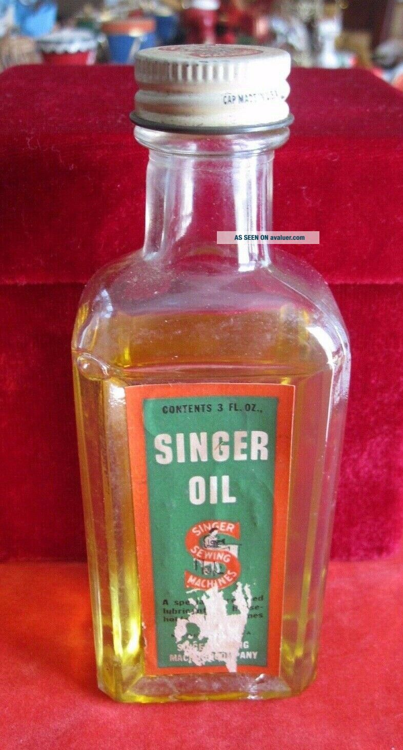 Vintage Singer Sewing Machine Oil Glass Bottle Contents Cap & Label ...