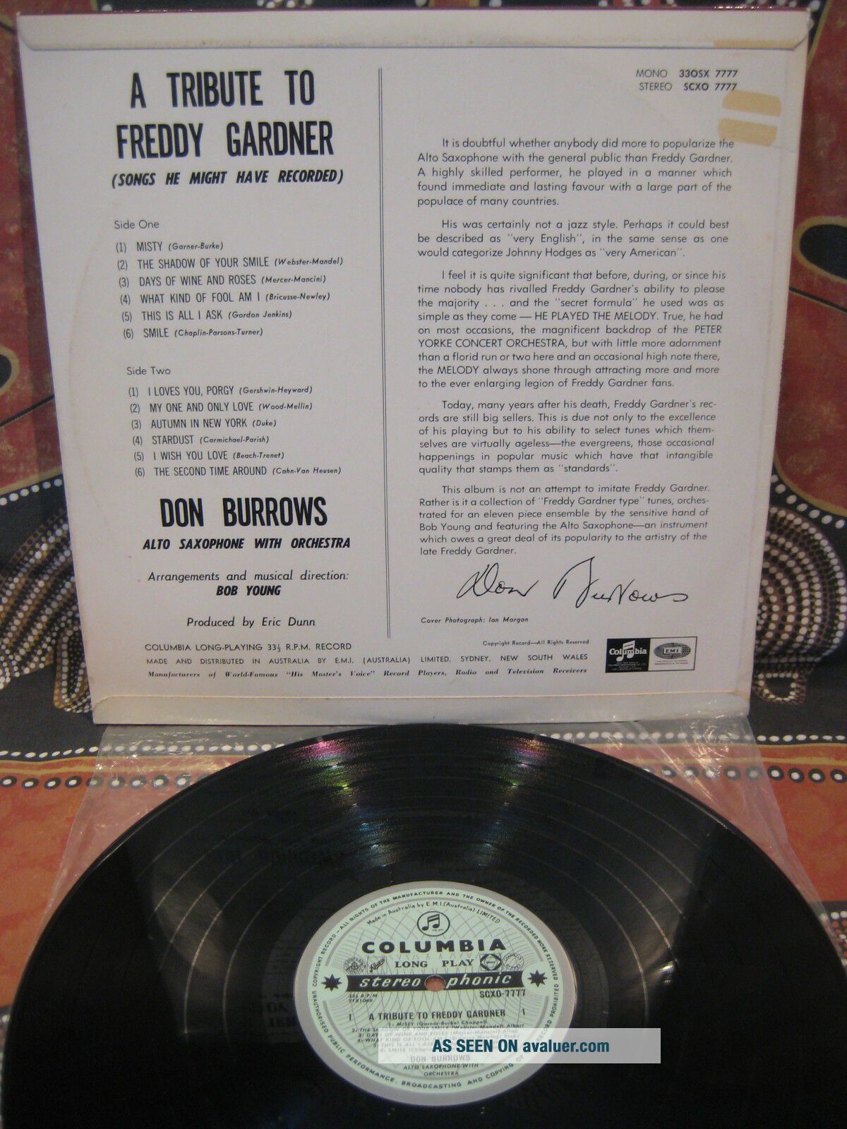 DON BURROWS A Tribute To Freddy Gardner Oz Jazz (Australian) LP Stereo ...