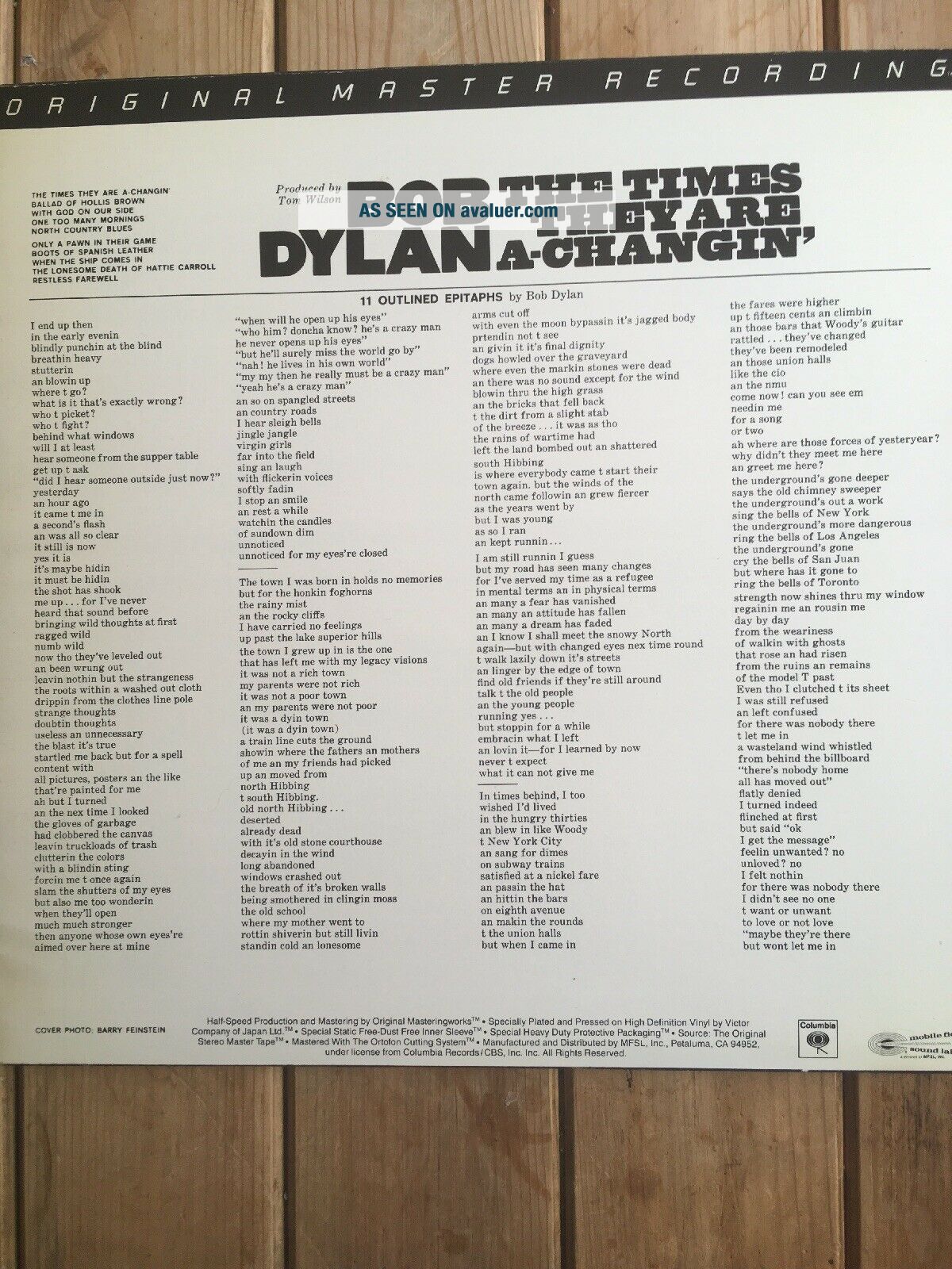 Bob Dylan Vinyl LP The Times They Are A - Changing, Master Recording ...