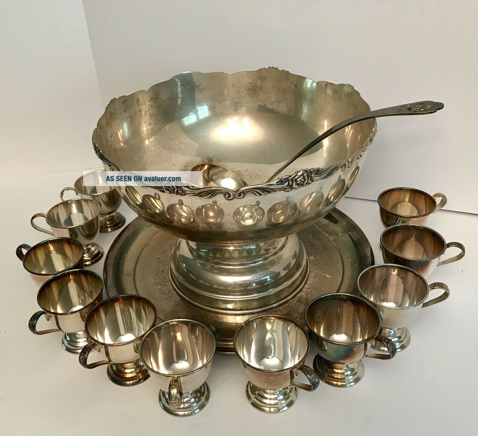 Vintage Silver Plated Nickel Punch Bowl W/ 11 Cups Serving Spoon ...