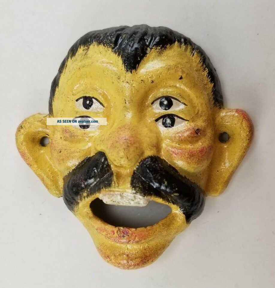 CAST IRON CIRCUS FACE BOTTLE OPENER FOUR EYES 4 EYED WITH MUSTACHE ...