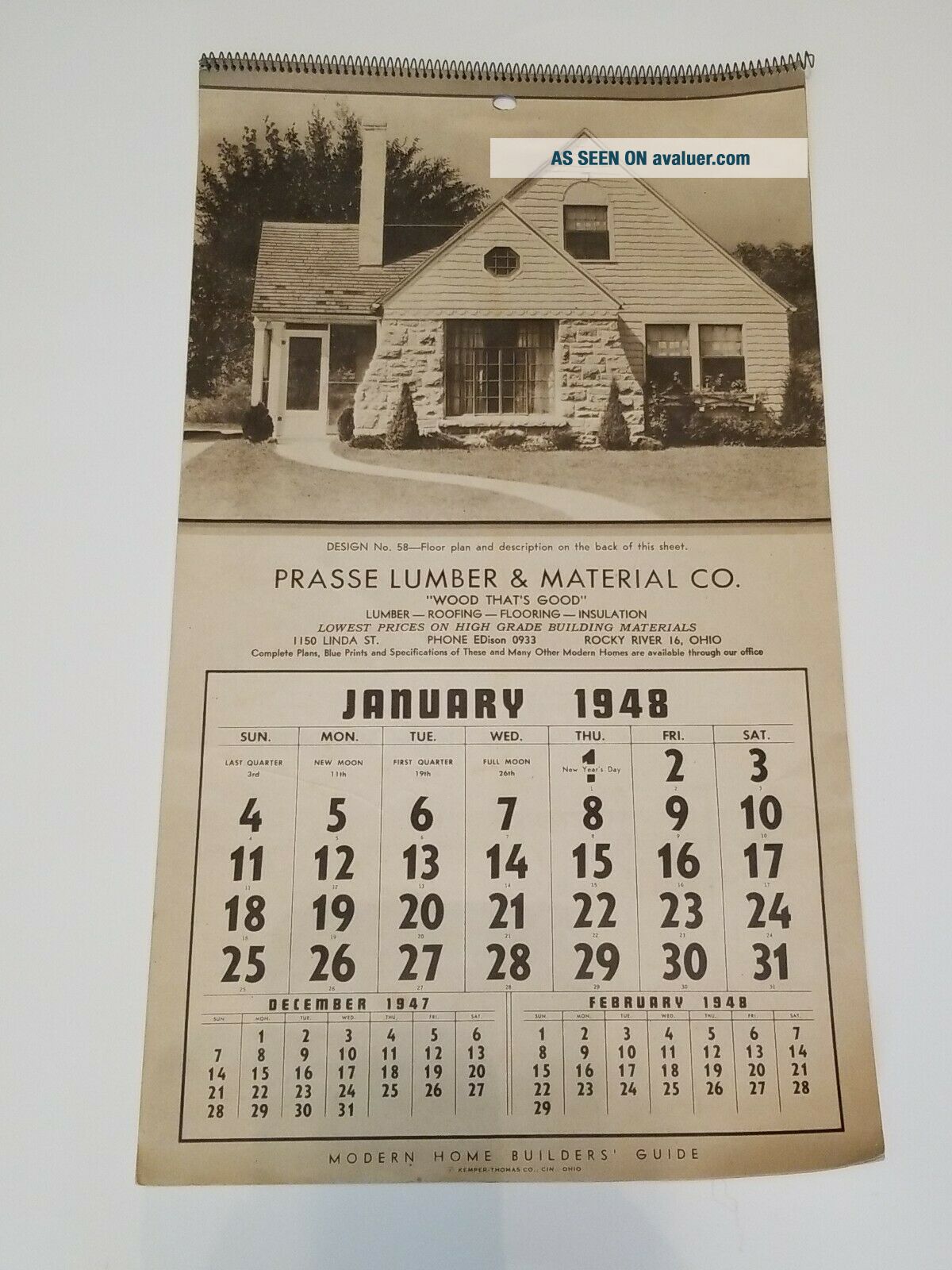 Vintage 1948 Prasse Lumber Calendar Home Plans House Blueprints | #2499365