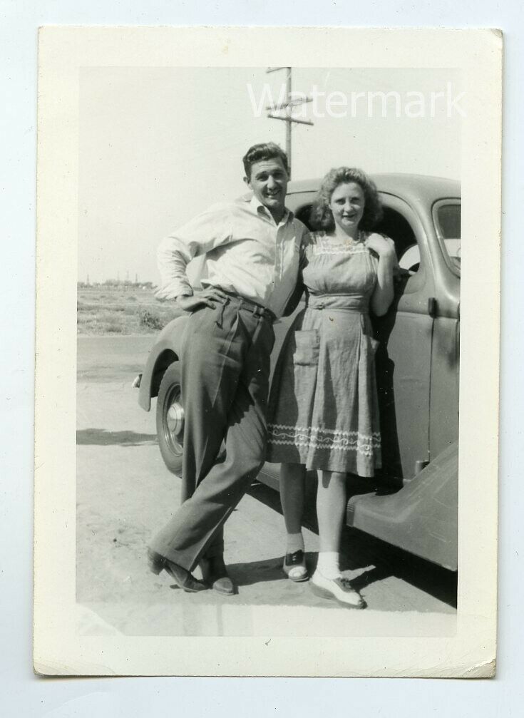 1940s Snapshot Photo Man And Lady Standing By Car | #16743458