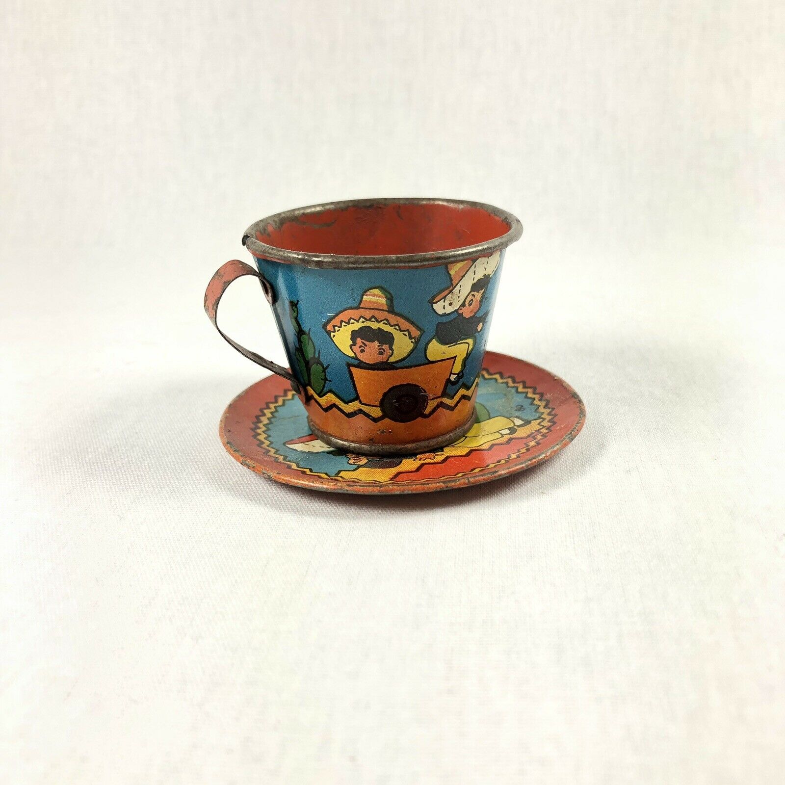 1940s Ohio Art 80 Mexican Boy Child’s Tin Tea Cup And Saucer | #16714260