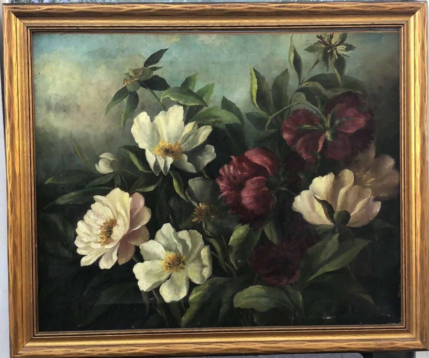 19thC Antique VICTORIAN Era STILL LIFE Old GARDEN FLOWERS Outdoor OIL ...