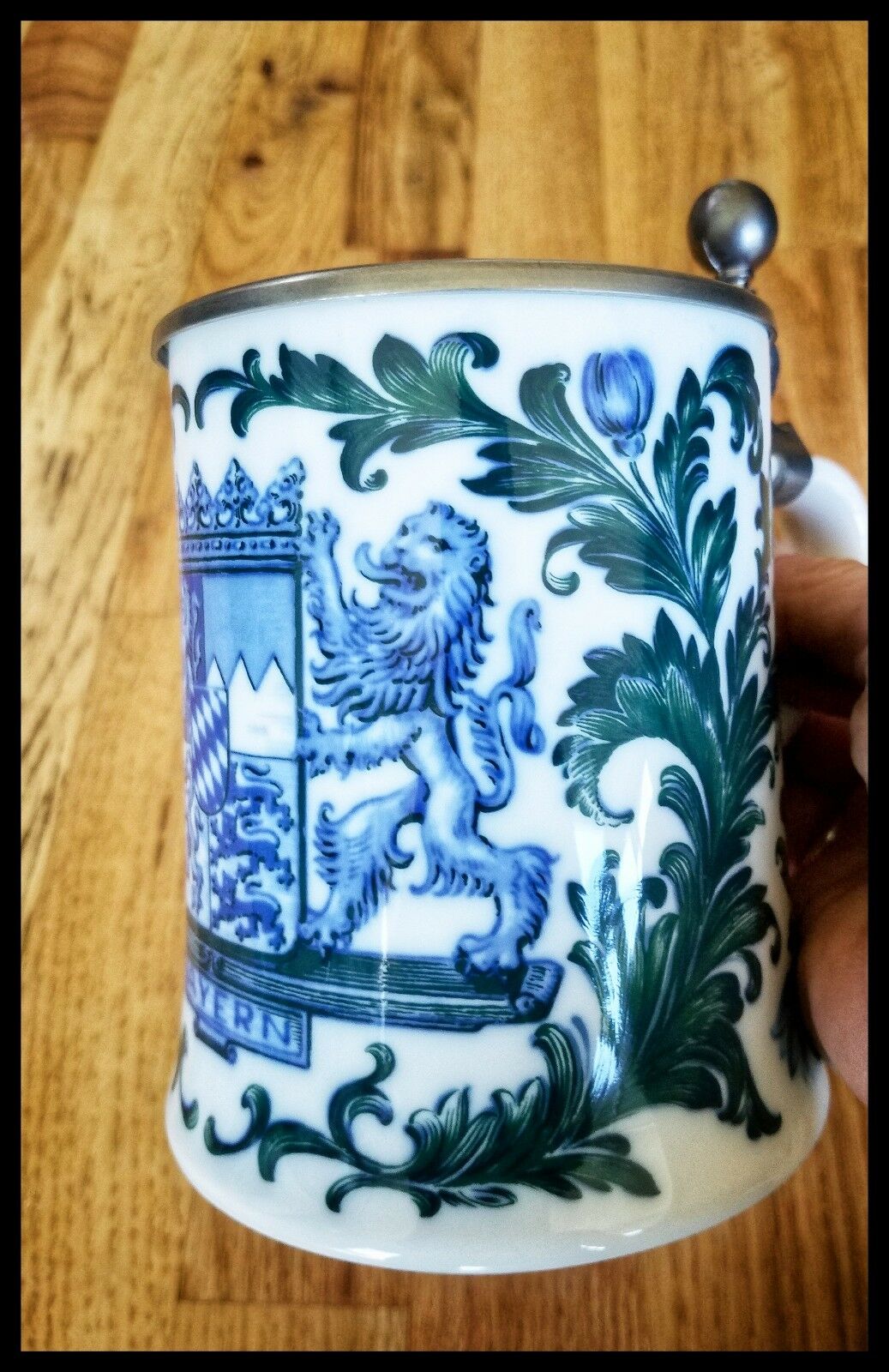 WEST GERMANY BAYERN COAT OF ARMS ECHT KOBALT BEER STEIN WITH ZINN ...