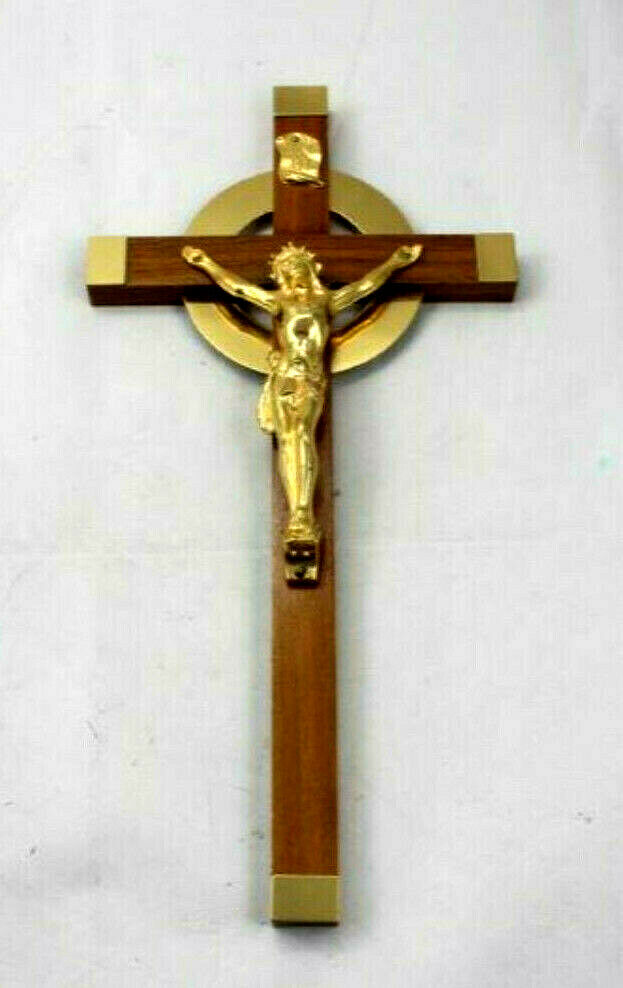 INRI Jesus Crucified Crucifixe 12 " Gold Tone Wood Cross Wall Hanging ...