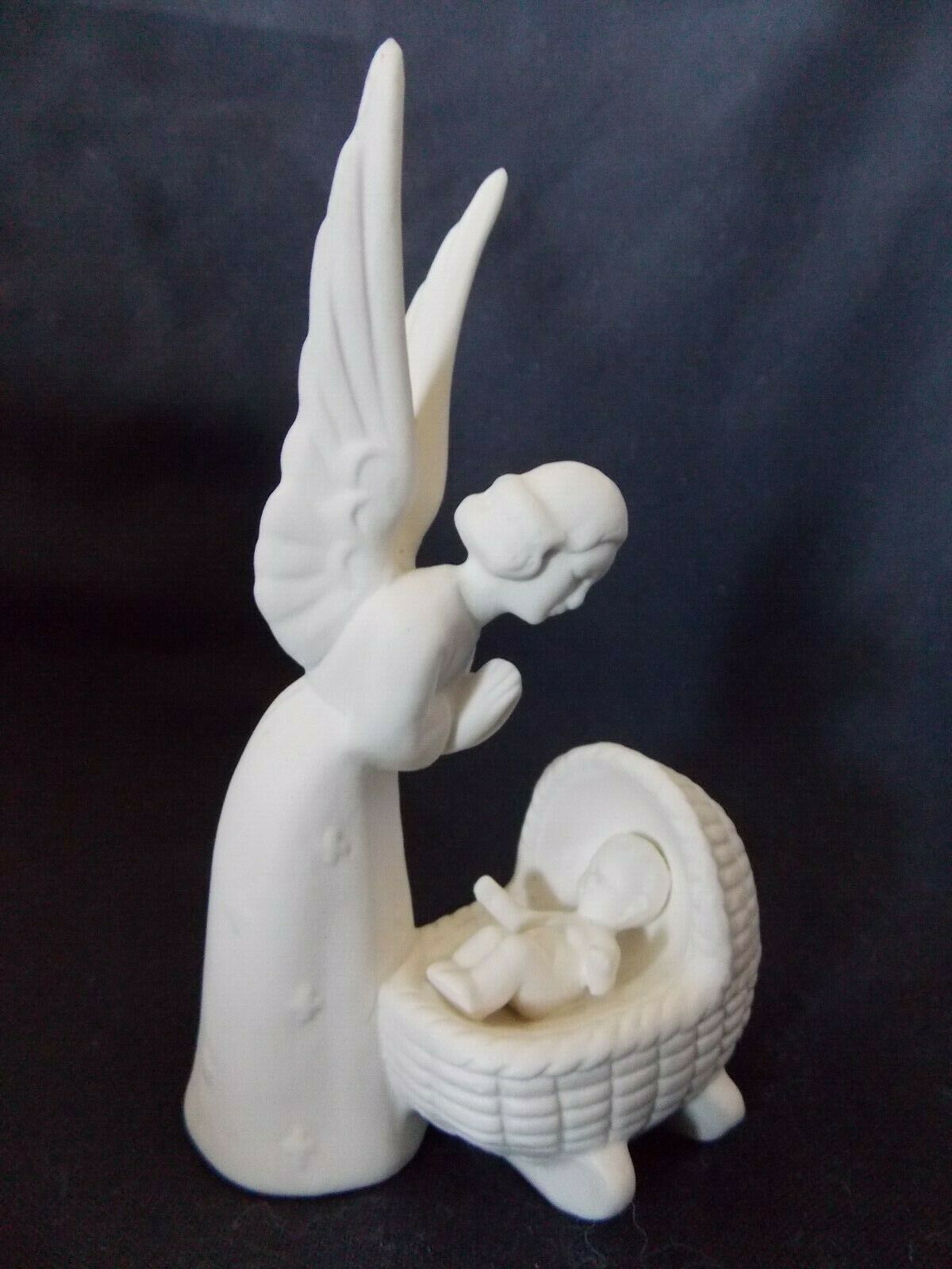 Angel Praying Over Baby In Cradle Bisque Figurine W Germany 5 " | #16590779