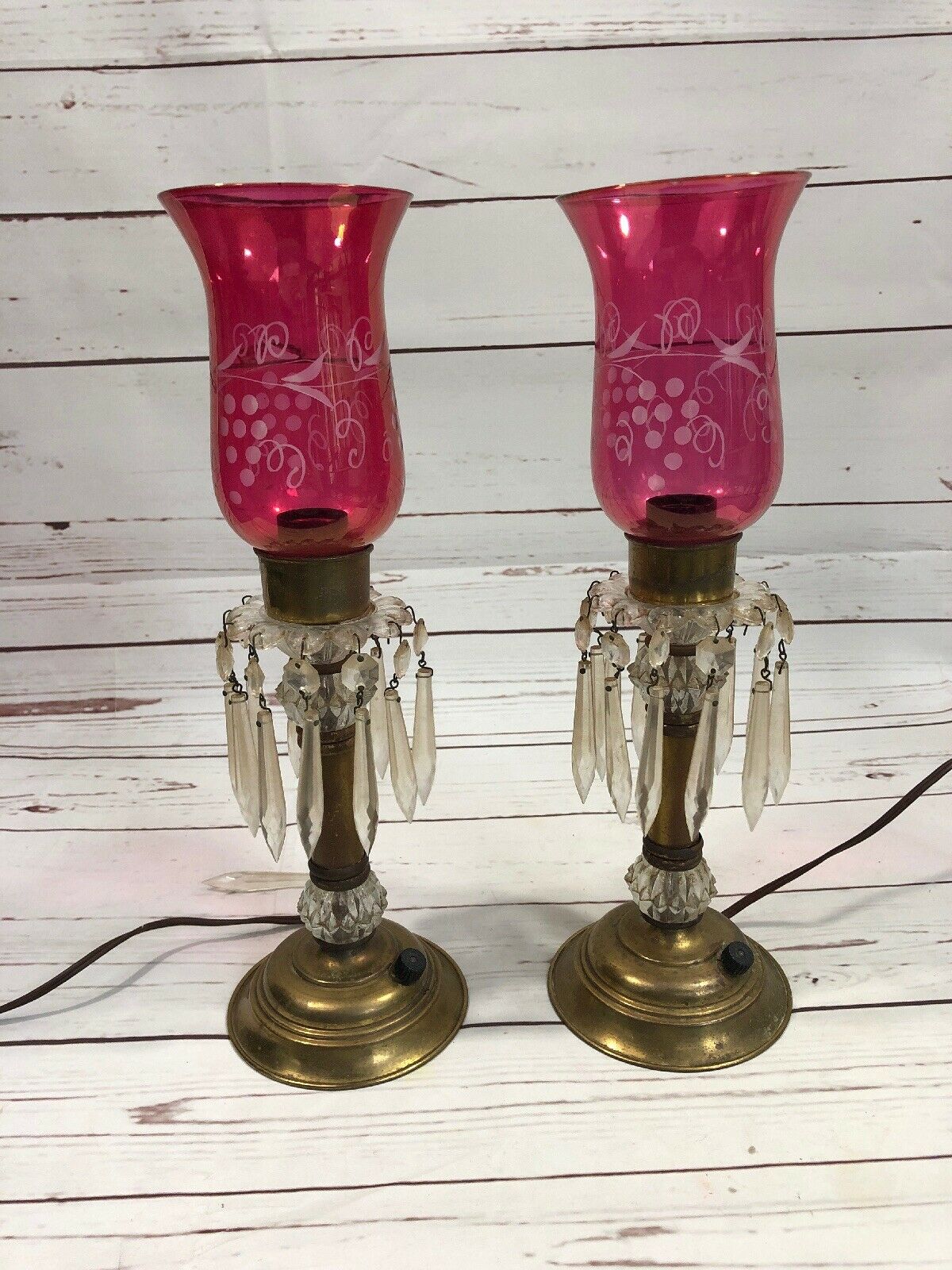 Antique Brass Based Hurricane Lamps With Crystal Prism Red Shade ...