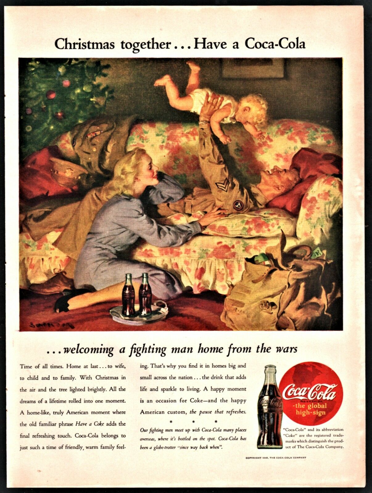 1945 COCA - COLA Christmas AD End WWII US Army Soldier Home From War ...
