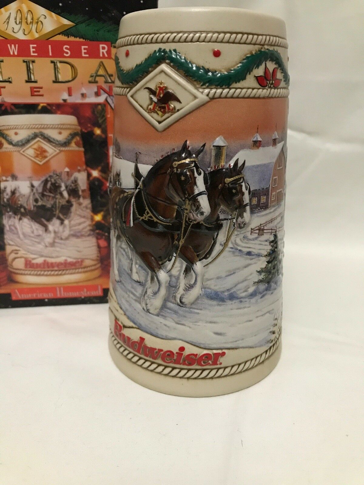 1996 Budweiser Holiday Christmas Beer Stein Clydesdales AMERICAN ...