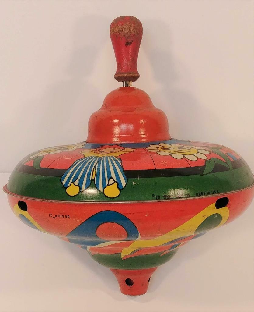 Vintage Ohio Art Tin Litho Toy Spinning Top With Wood Handle Design 23 ...