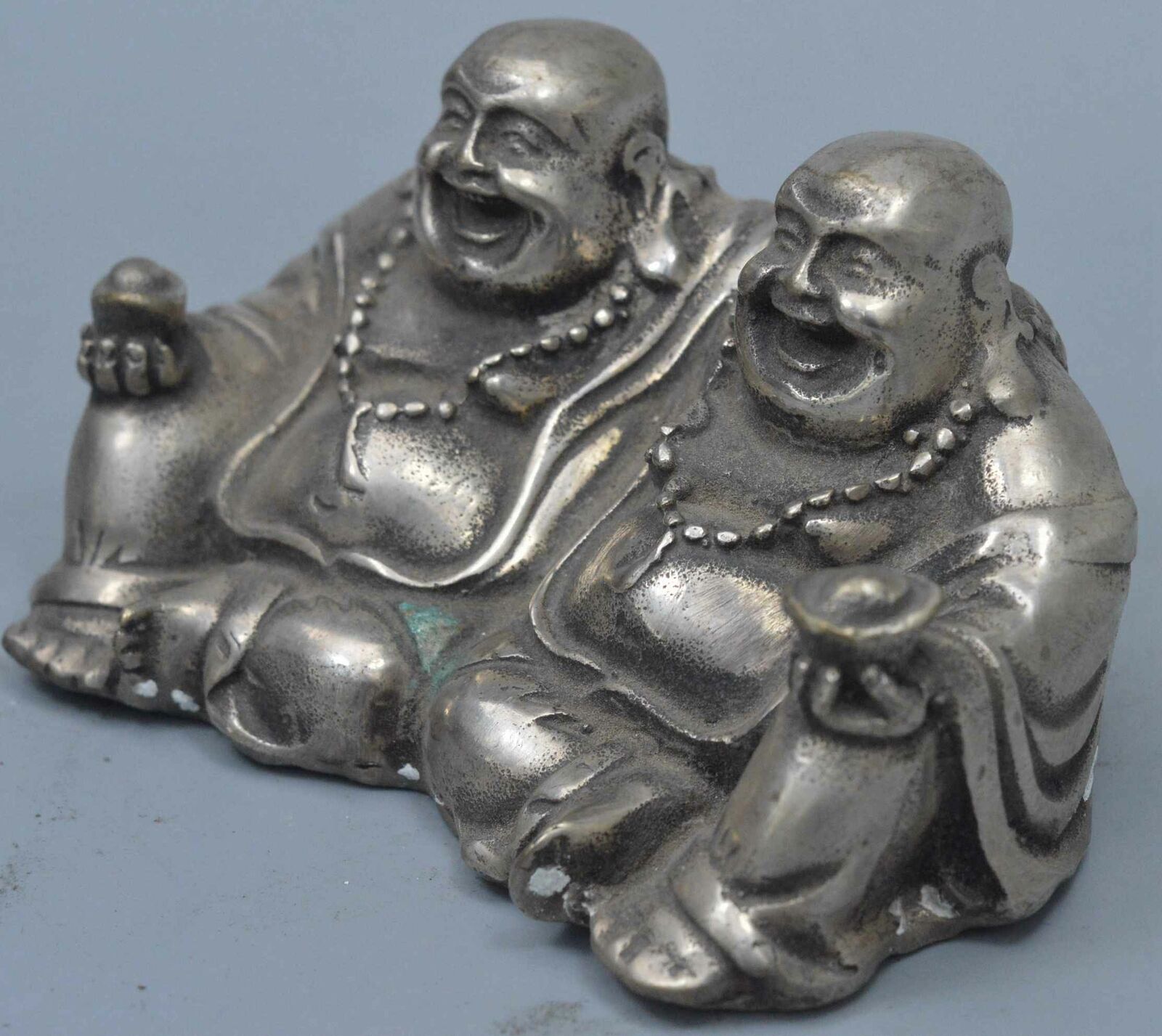 Collectable China Handwork Miao Silver Carve Two Smile Buddha Souvenir ...