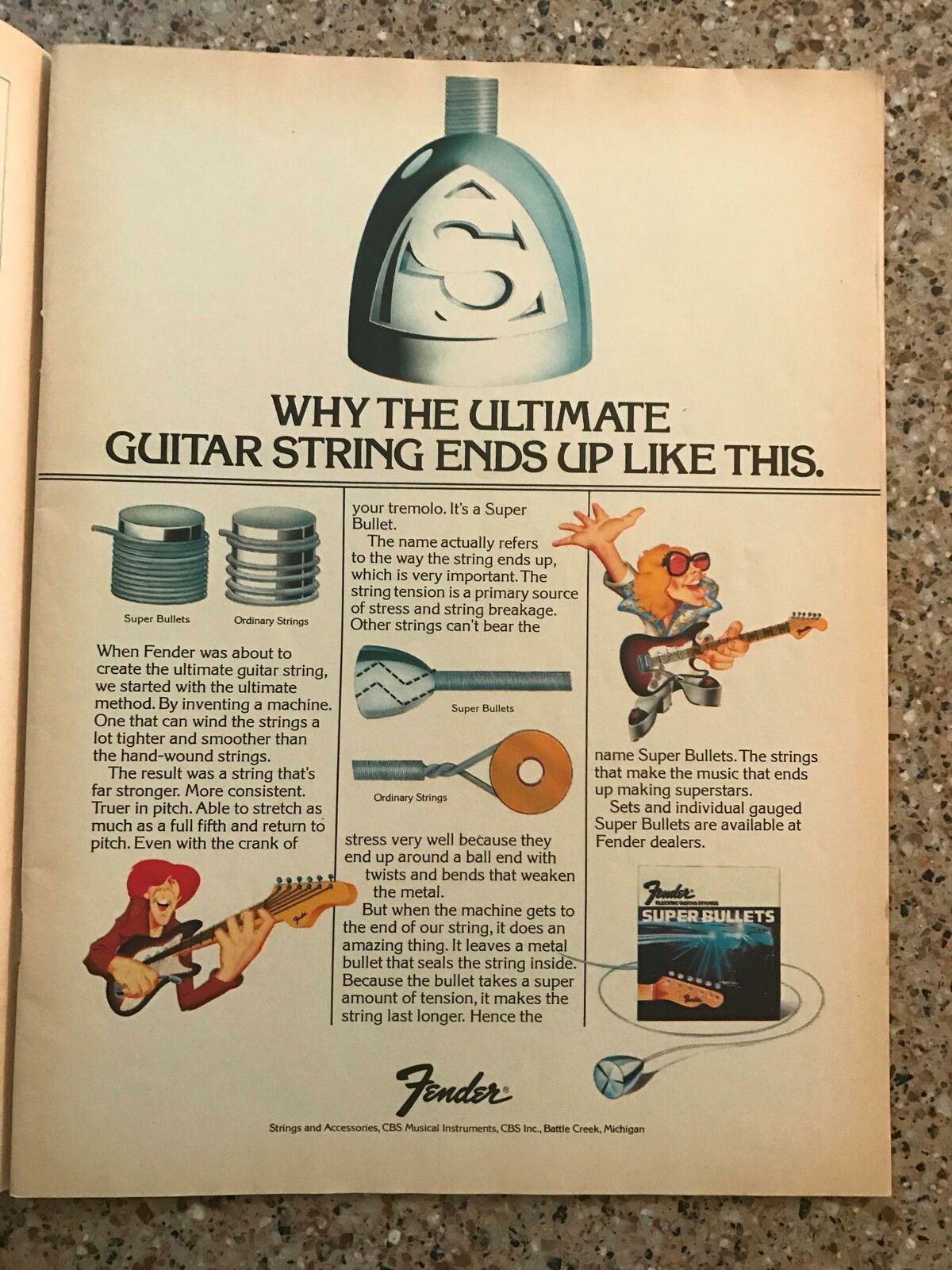 1977 VINTAGE 8X11 PRINT Ad FOR FENDER BULLETS GUITAR STRINGS CARTOON ...