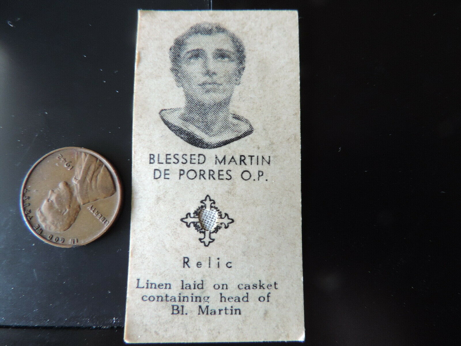 Catholic Relic On Holy Card Blessed Martin De Porres O. P Linen Laid On ...