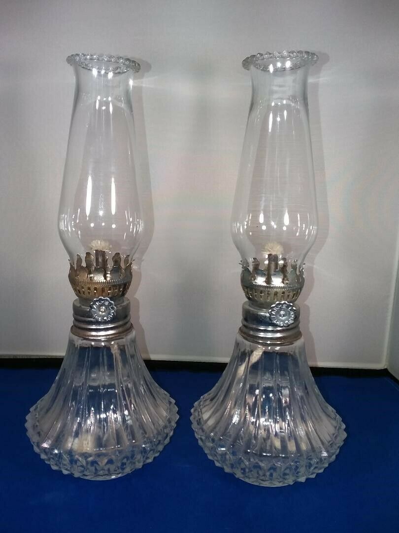 2 Vintage Lamplight Farms Glass Hurricane Oil Lamps | #16139878