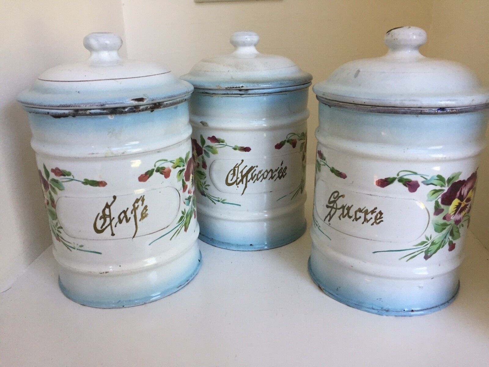 Vintage FRENCH ENAMELWARE CANISTER SET Sucre Cafe Chicoree | #16084352
