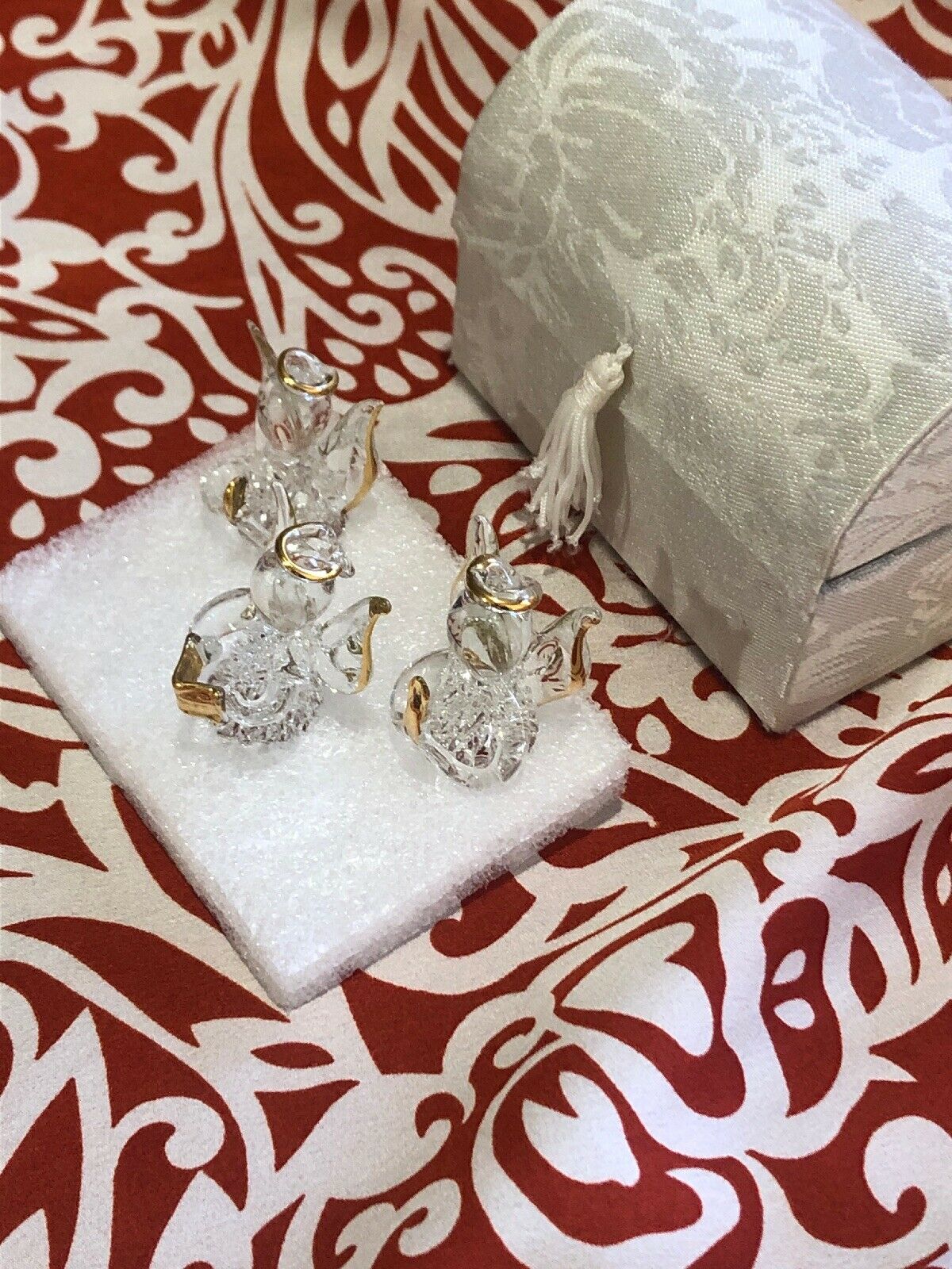 SET OF 3 Vintage Hand - Blown Glass WORRY ANGELS IN BROCADE BOX WITH ...