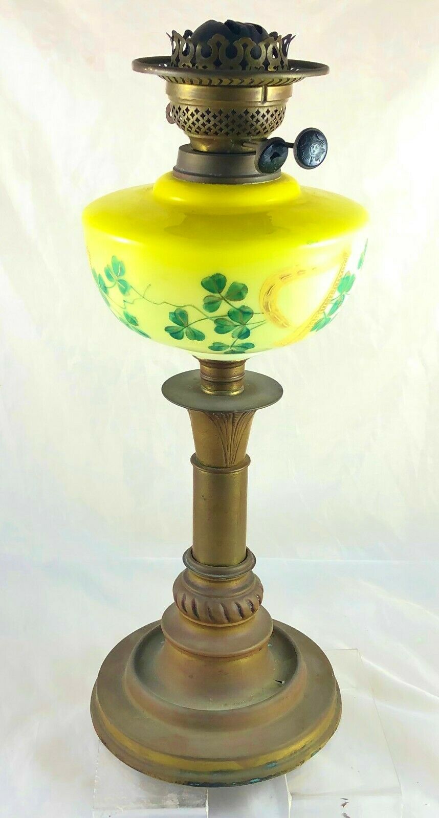 ANTIQUE YELLOW GLASS HAND PAINTED OIL LAMP BASE WITH BURNER | #15968928