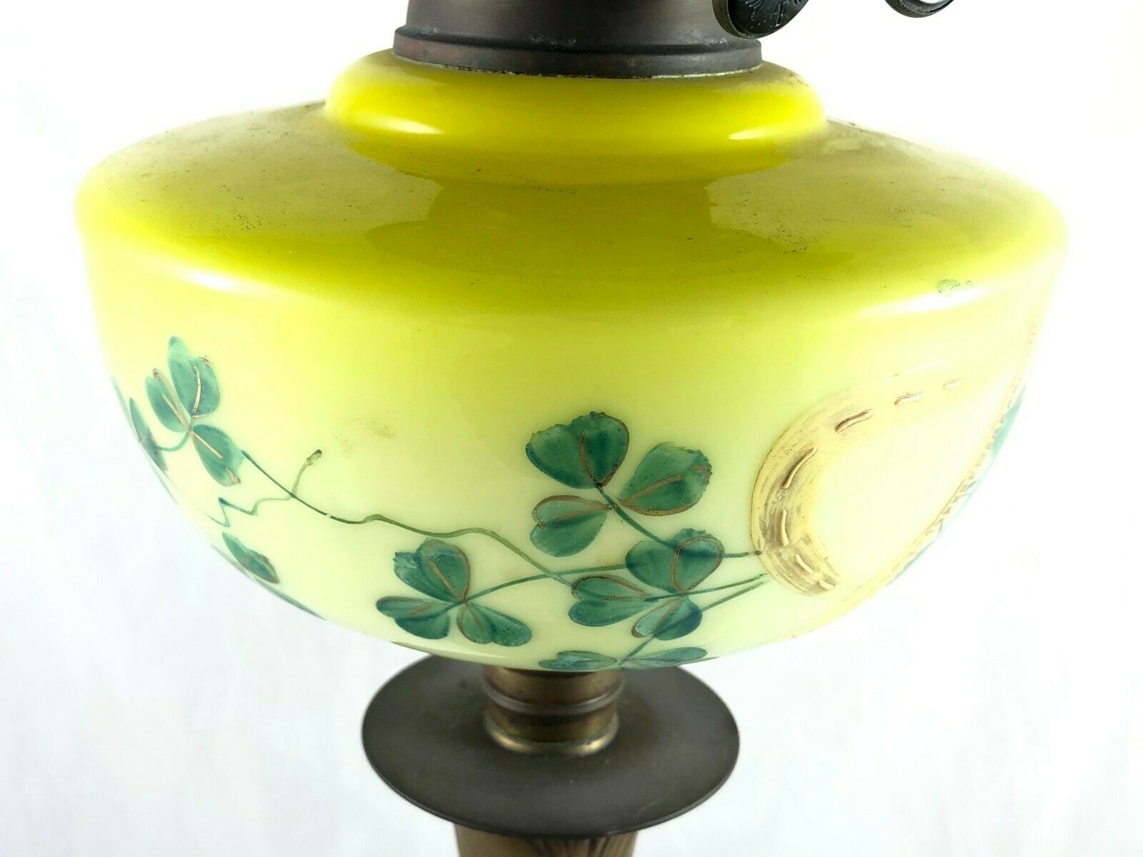 ANTIQUE YELLOW GLASS HAND PAINTED OIL LAMP BASE WITH BURNER | #15968928