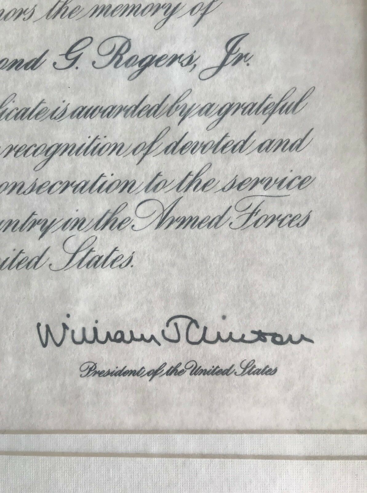 Bill Clinton Signed Presidential Memorial Certificate For Armed Forces ...