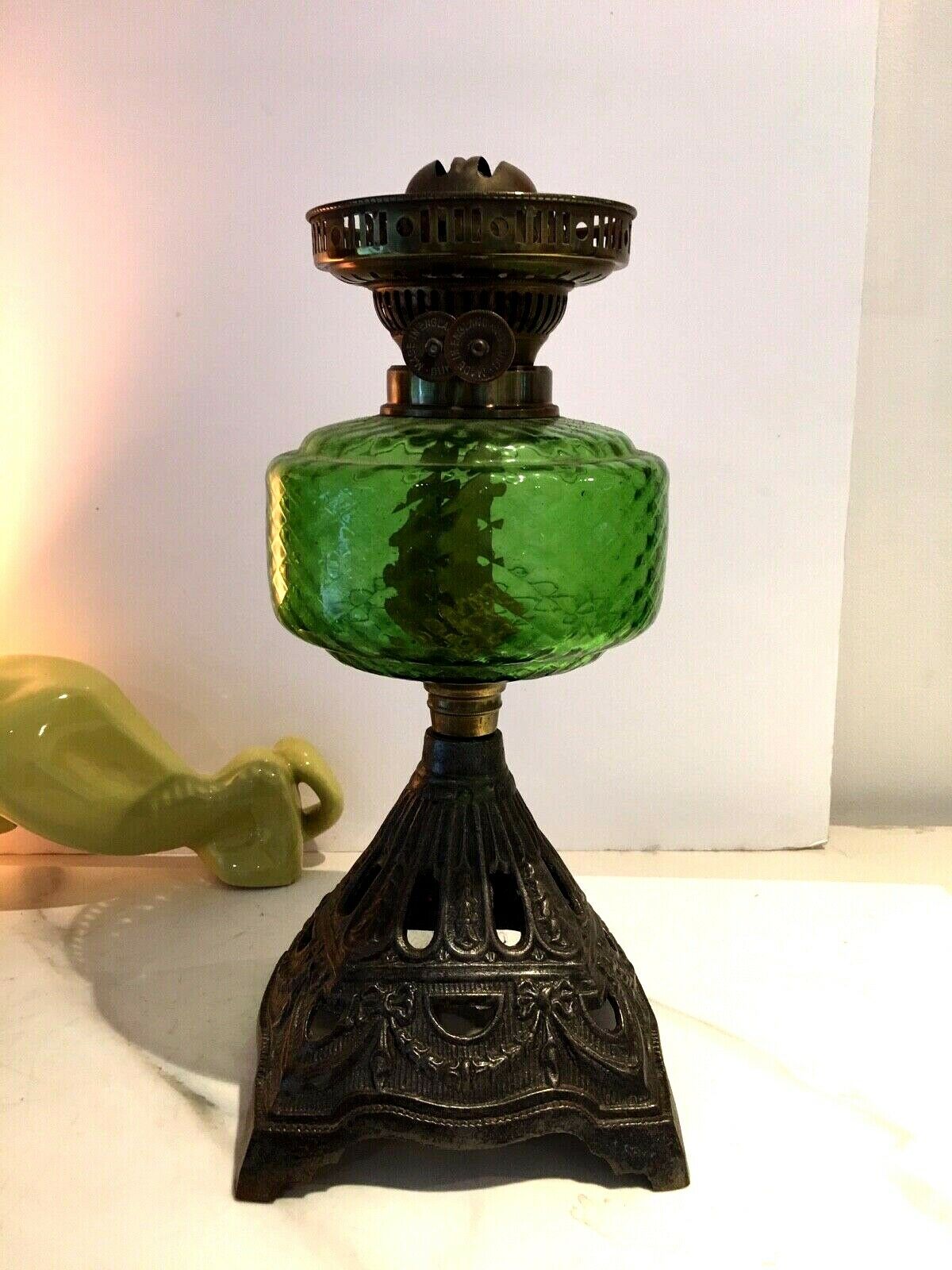 Antique Green Glass Oil Lamp On Triangle Metal Base | #15929218
