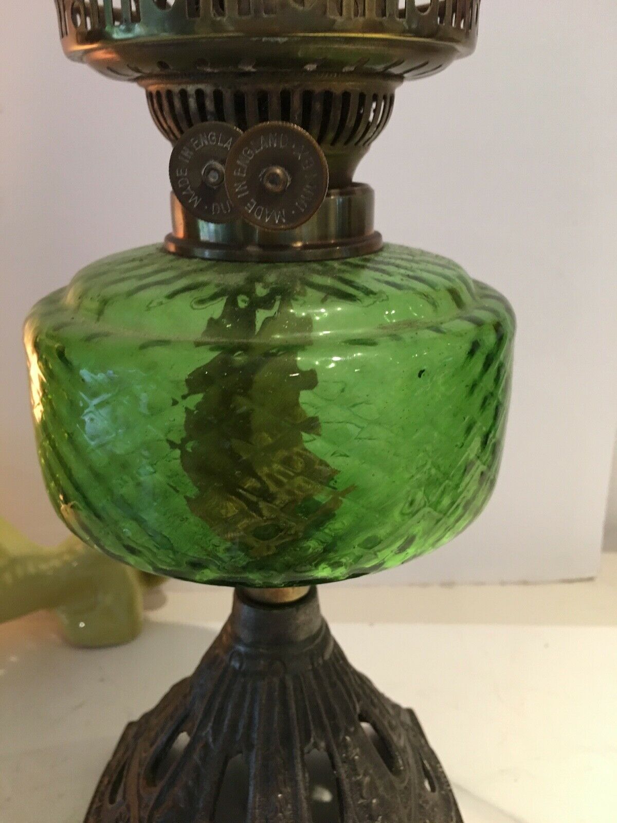 Antique Green Glass Oil Lamp On Triangle Metal Base | #15929218