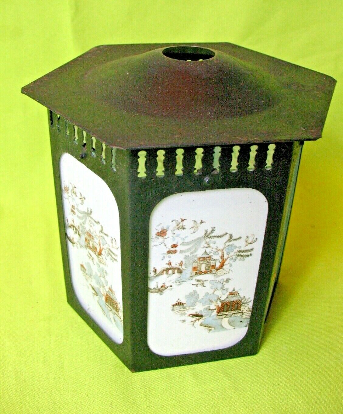 Old Vintage Mid Century Metal With Japanese Pictorial Glass Panels Lamp ...