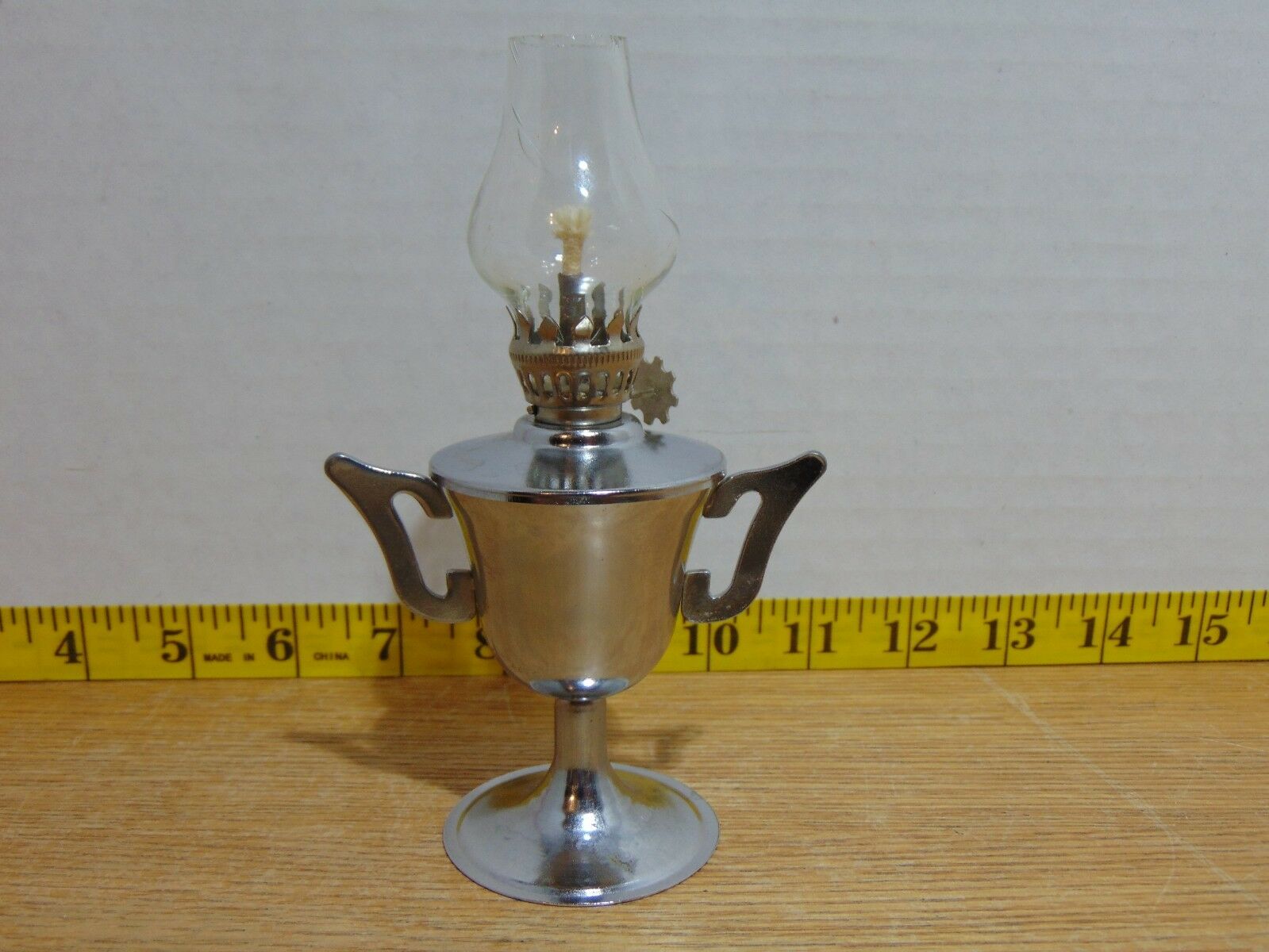 Vintage Metal Trophy Shaped Mini Oil Lamp With Clear Glass Chimney 5 3/ ...