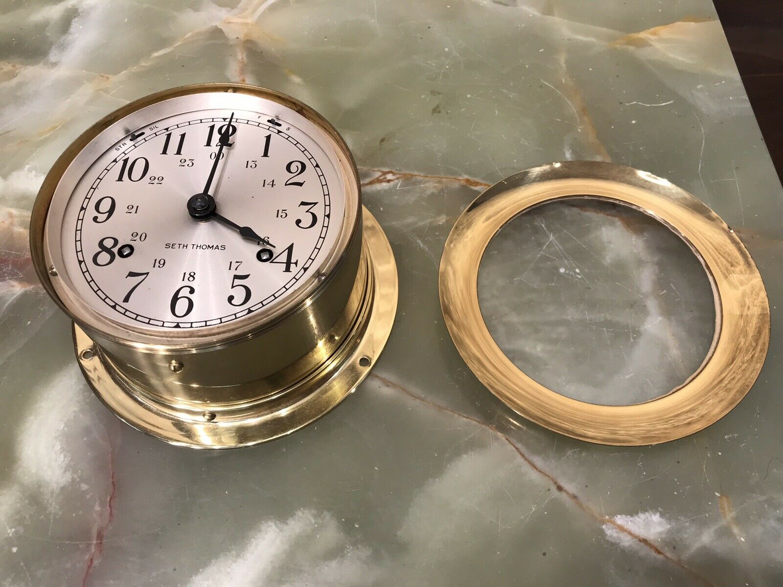 VINTAGE USA SETH THOMAS HEAVY BRASS 7 JEWELS SHIP’S BELL STRIKING CLOCK ...