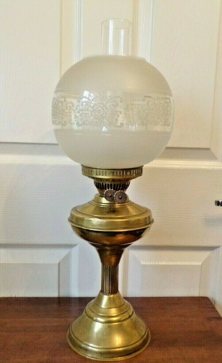 Vintage Brass Oil Lamp With Glass Globe Shade Duplex Twin Burner Order ...