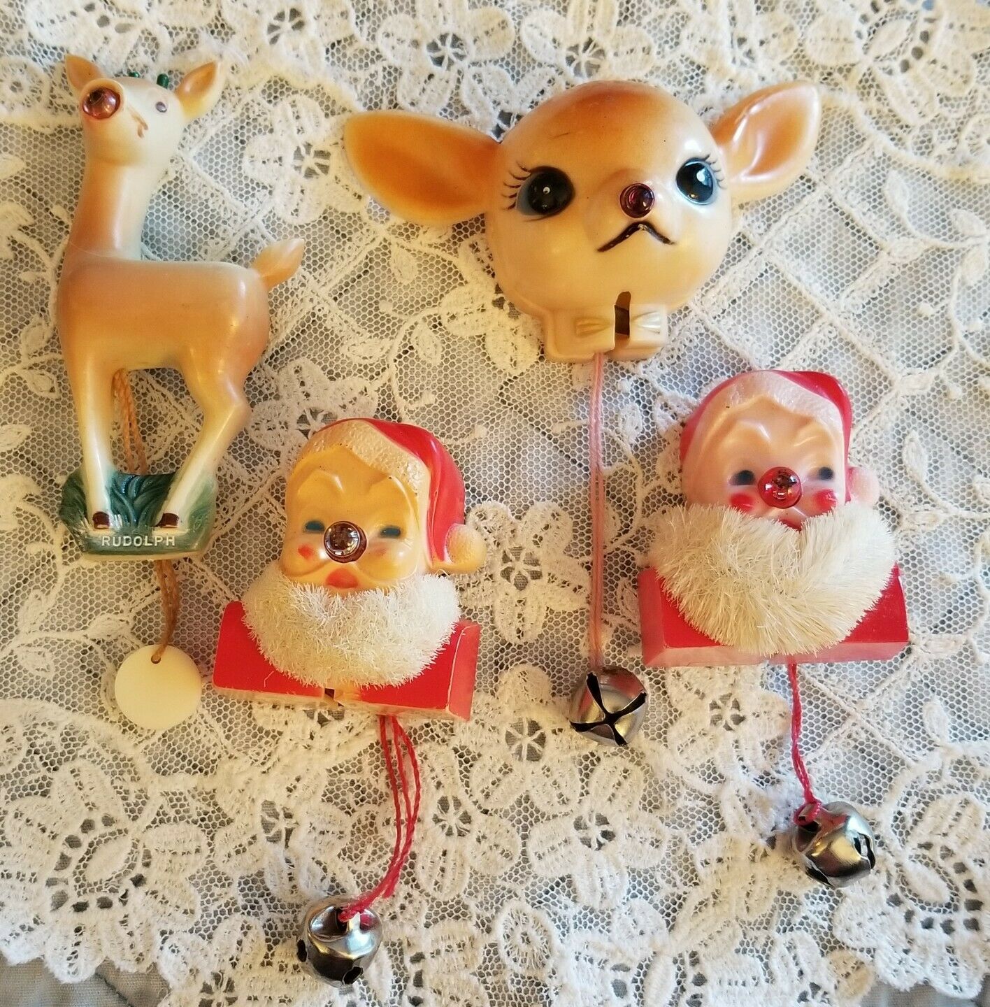 4 Vtg Christmas Hard Plastic Santa & Reindeer Pull String Light Up Nose ...