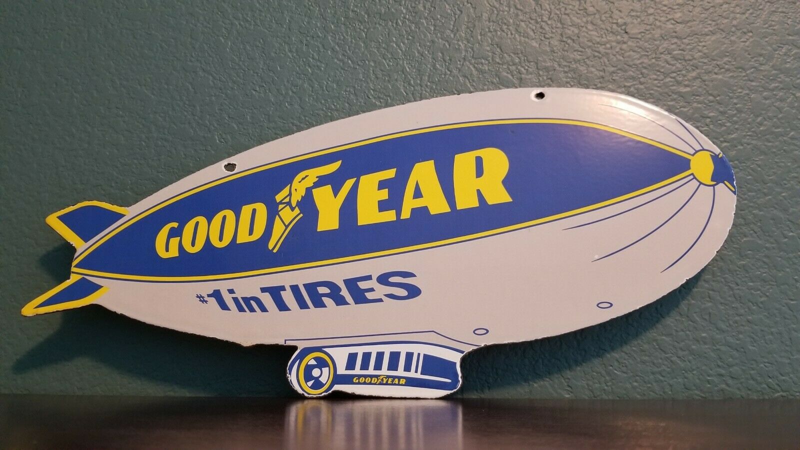 VINTAGE GOODYEAR PORCELAIN GAS AUTO TIRES BLIMP DOUBLE SIDED SERVICE ...