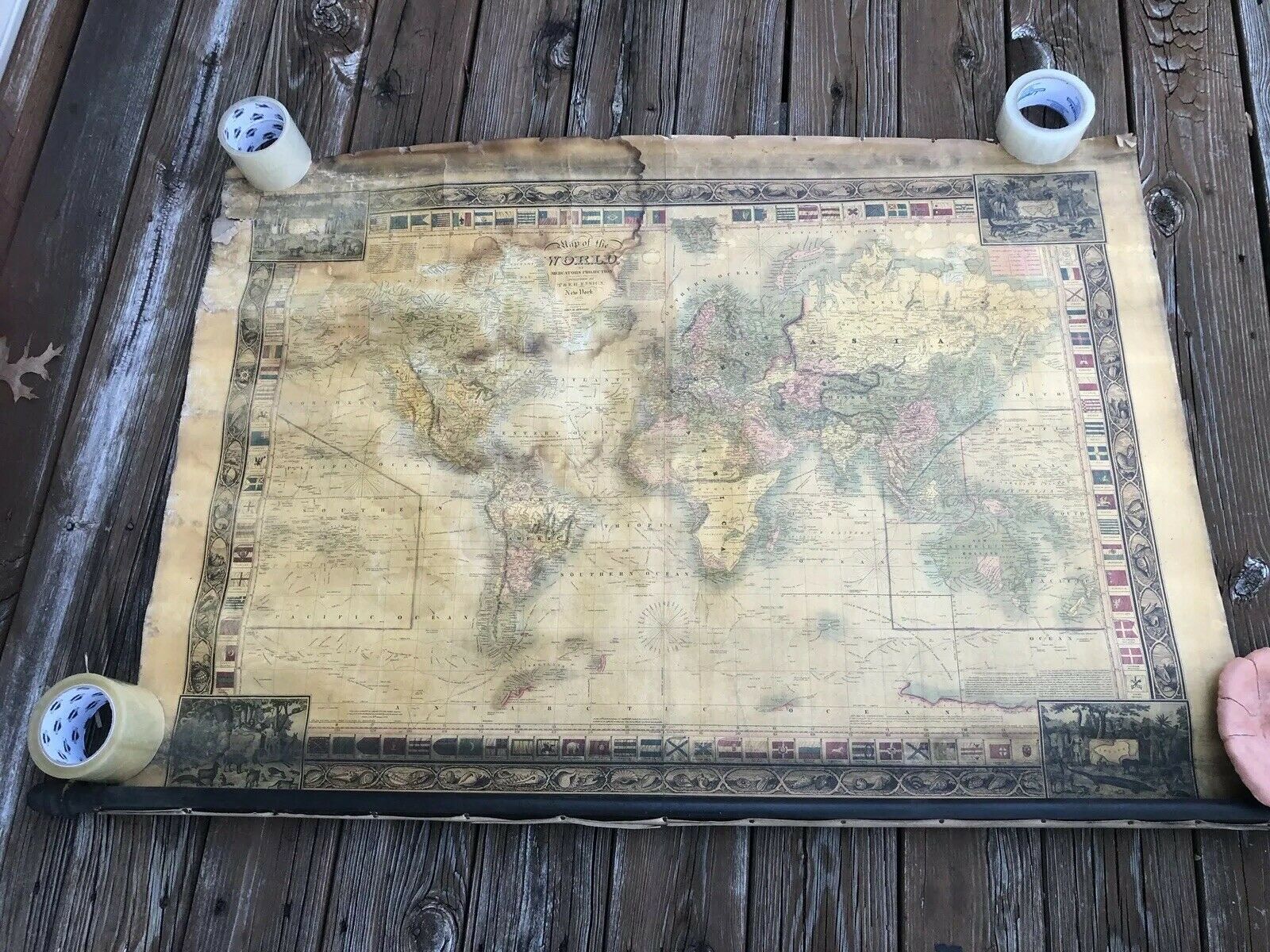RARE ANTIQUE 1845 CANVAS WALL MAP WORLD UNITED STATES PRE CIVIL WAR NO ...