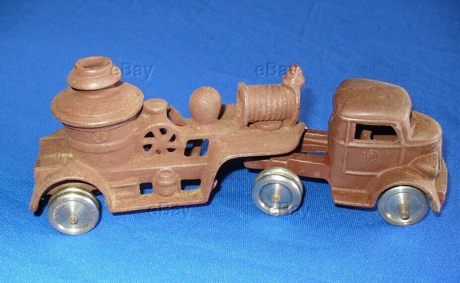 RARE KENTON CAST IRON FIRE TRUCK SEMI TANDEM TRAILER CAB TOY REEL ...